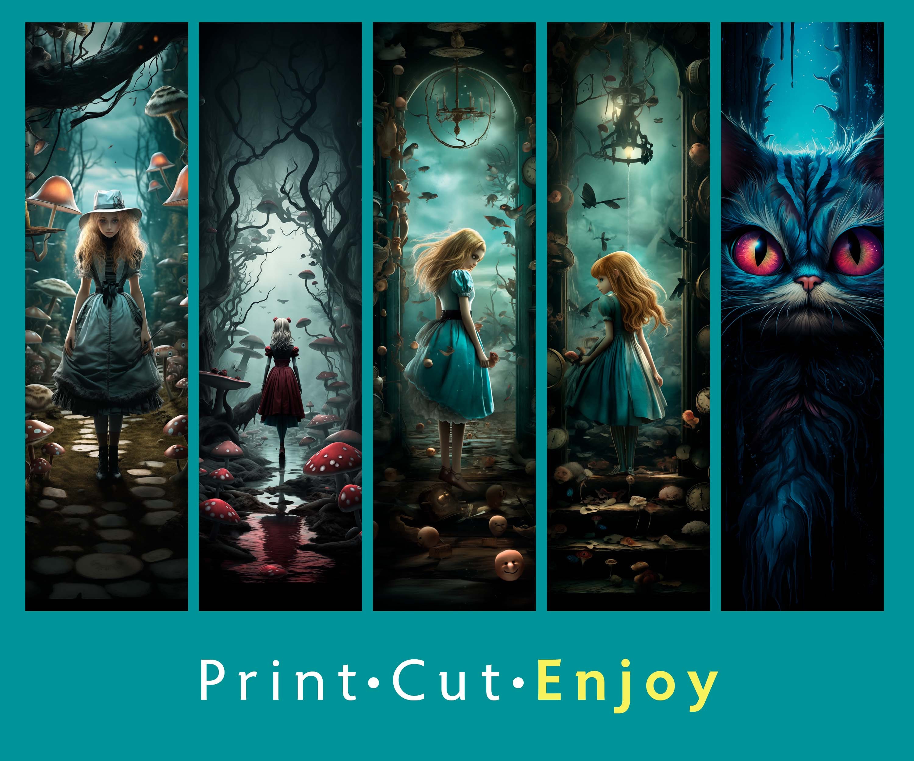 10 Alice in Wonderland Bookmark Designs, Bookmark Set JPG, Printable ...
