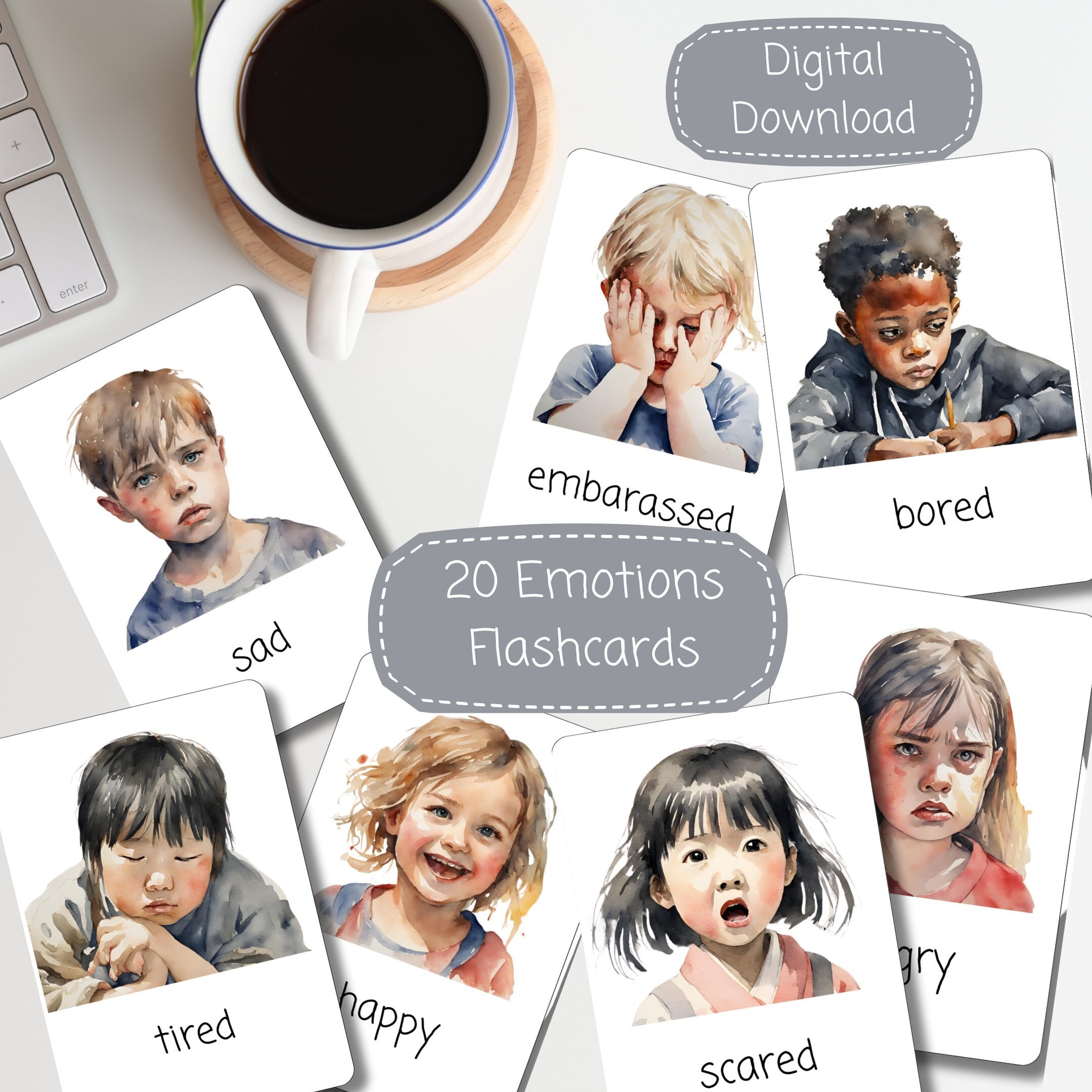 Children's Emotions Flashcards Realistic Watercolour Autism ADHD ...