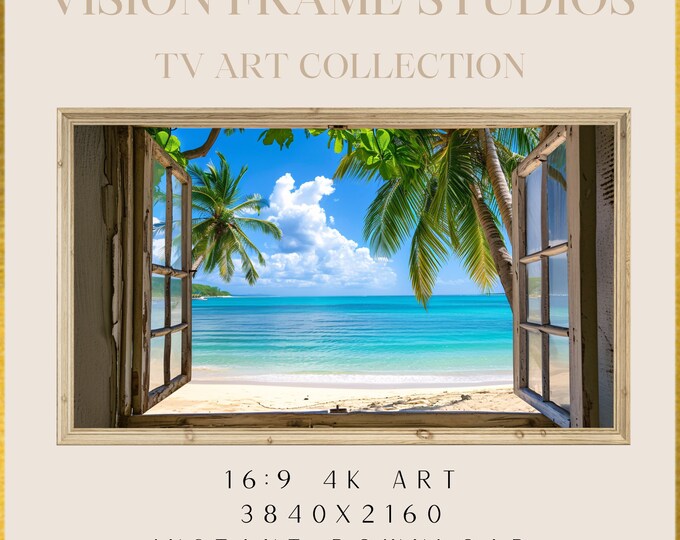 Tropical Beach Window View Samsung Frame TV Art, Digital Ocean Scenery, Coastal Wall Decor ...