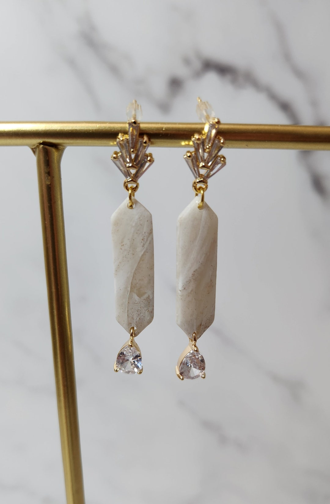 White Tan Marble Stone Wave Pattern Handcrafted Polymer Clay Earrings ...