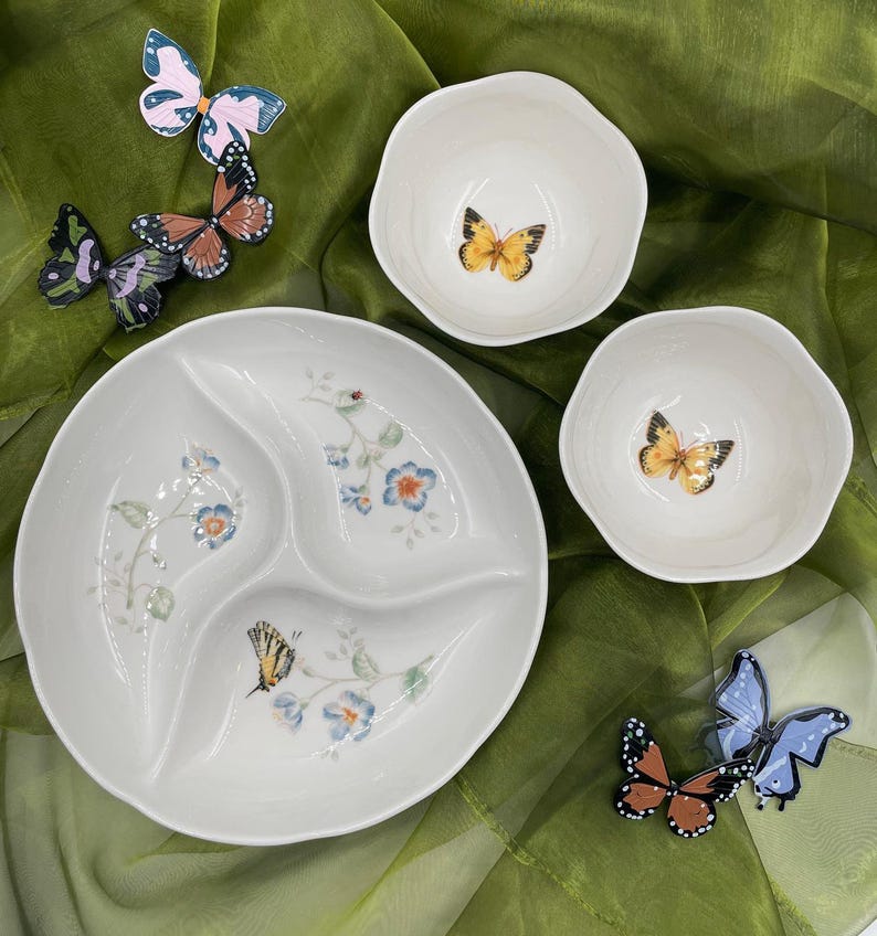 Lenox 'butterfly Meadow' Divided Tri Serving Dish and 2 Dessert Bowls ...