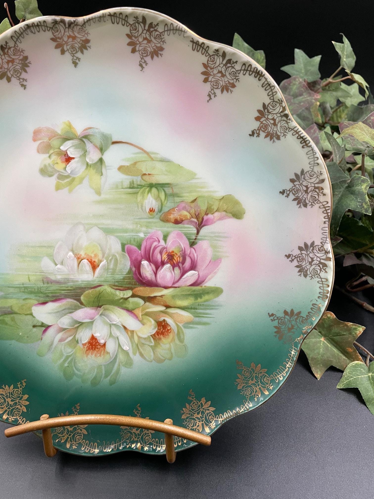 Austrian Water Lily Design Decorative Porcelain Plate With Gold Trim - Etsy