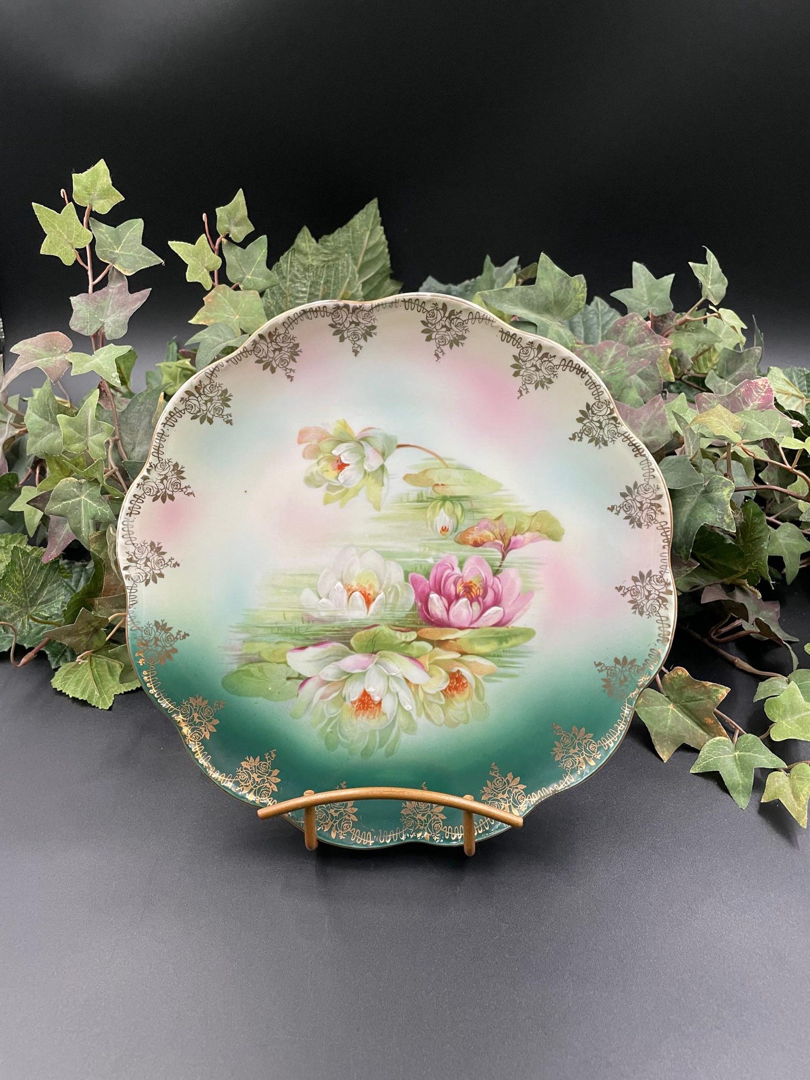 Austrian Water Lily Design Decorative Porcelain Plate With Gold Trim - Etsy