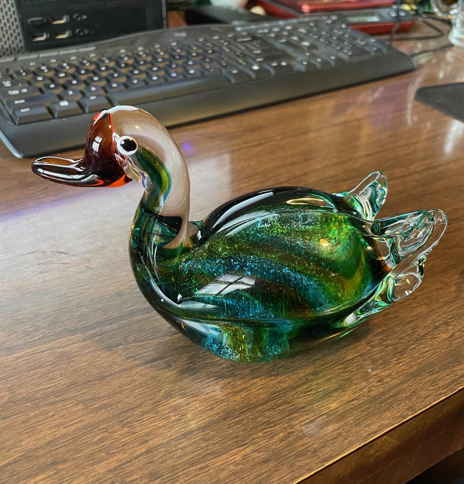 Aqua Blue and Emerald Green Glass Duck Paperweight With Gold Glitter ...
