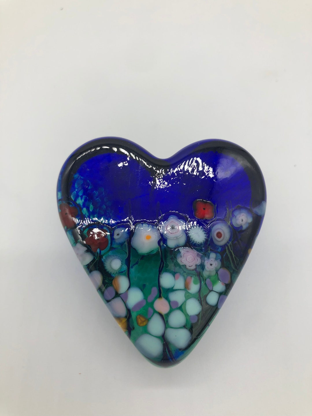 Robert Held Heart Shaped Paperweight Blue and Green With Floral Motif ...