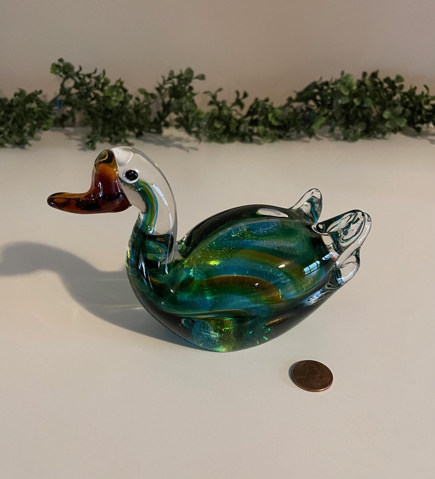 Aqua Blue and Emerald Green Glass Duck Paperweight With Gold Glitter ...
