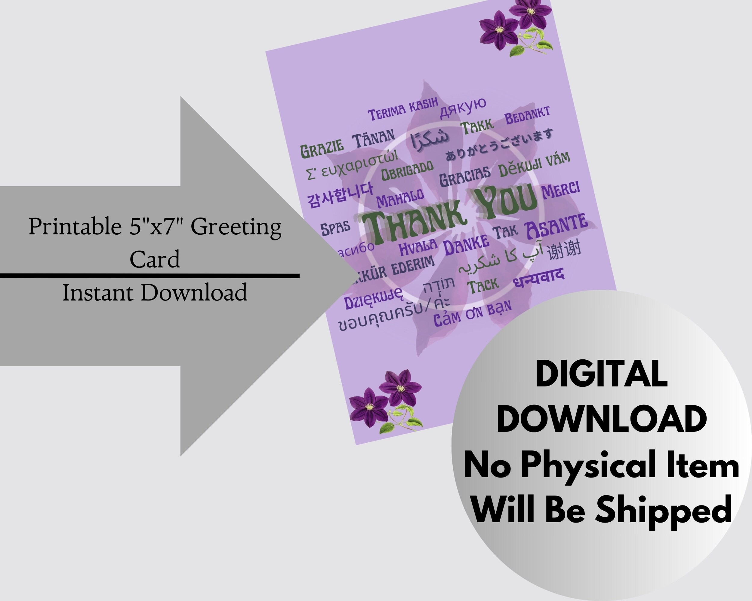 Printable Multilingual Thank You Card, DIGITAL Download, Thank You in ...