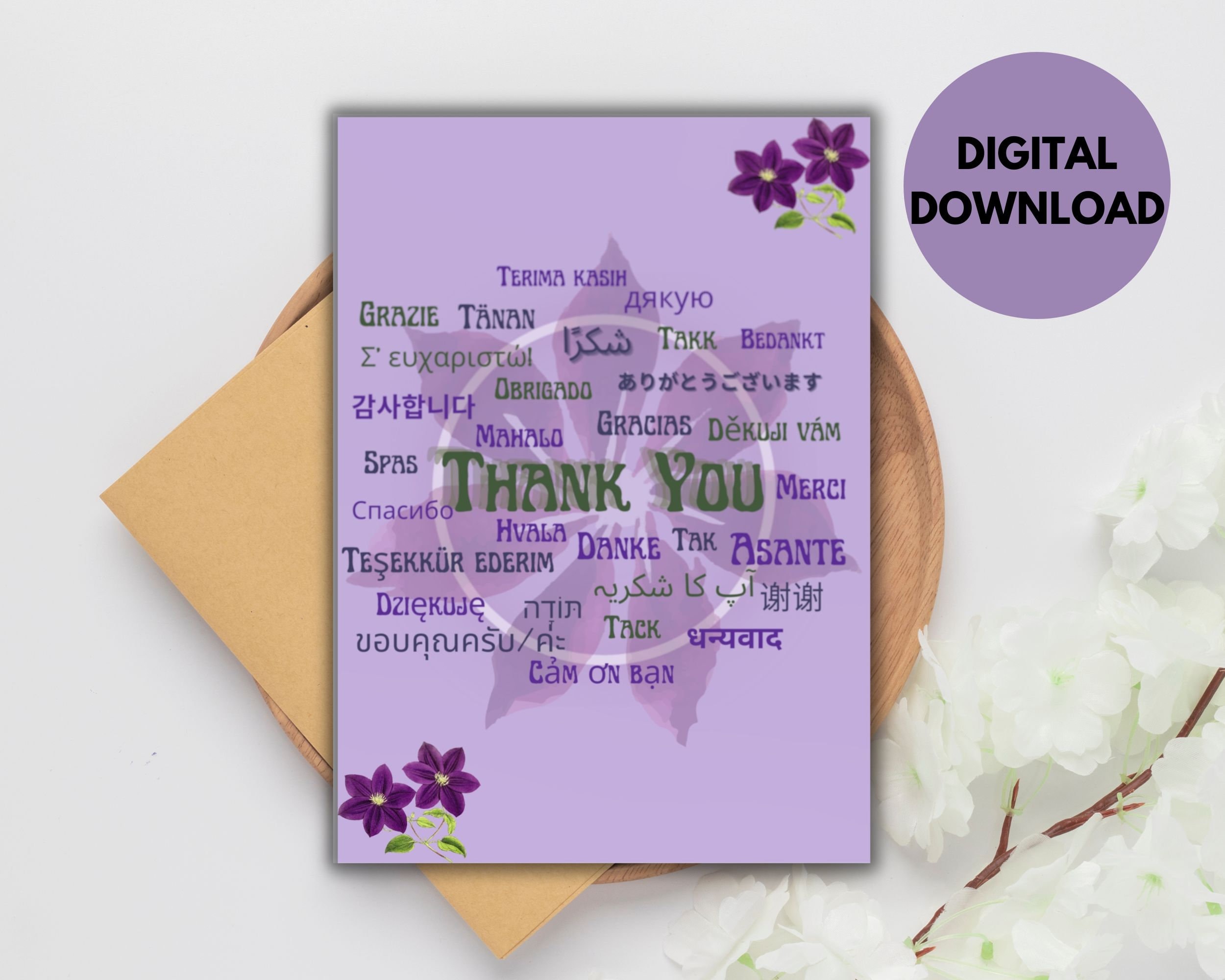 Printable Multilingual Thank You Card, DIGITAL Download, Thank You in ...