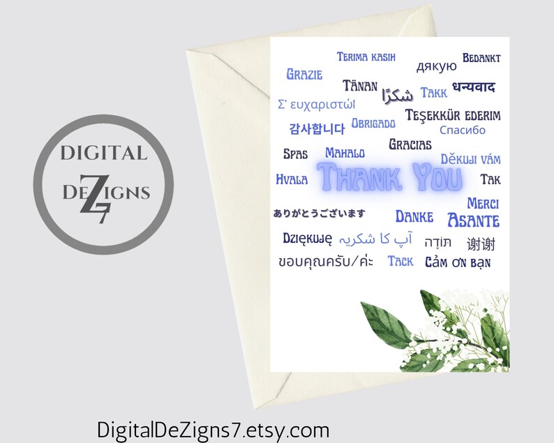 Printable Multilingual Thank You Card DIGITAL Download Thank You in ...