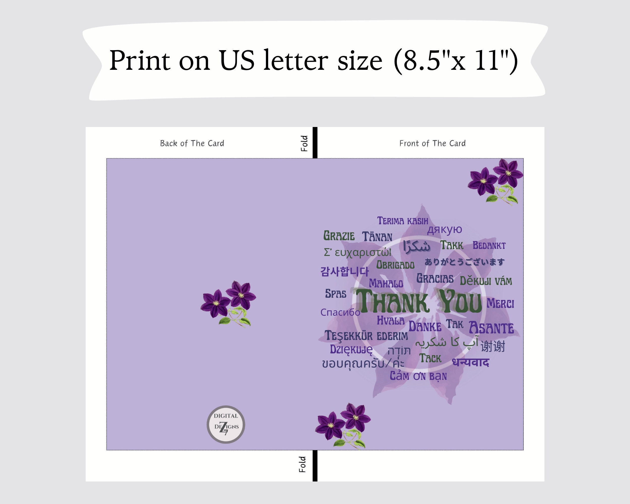 Printable Multilingual Thank You Card, DIGITAL Download, Thank You in ...