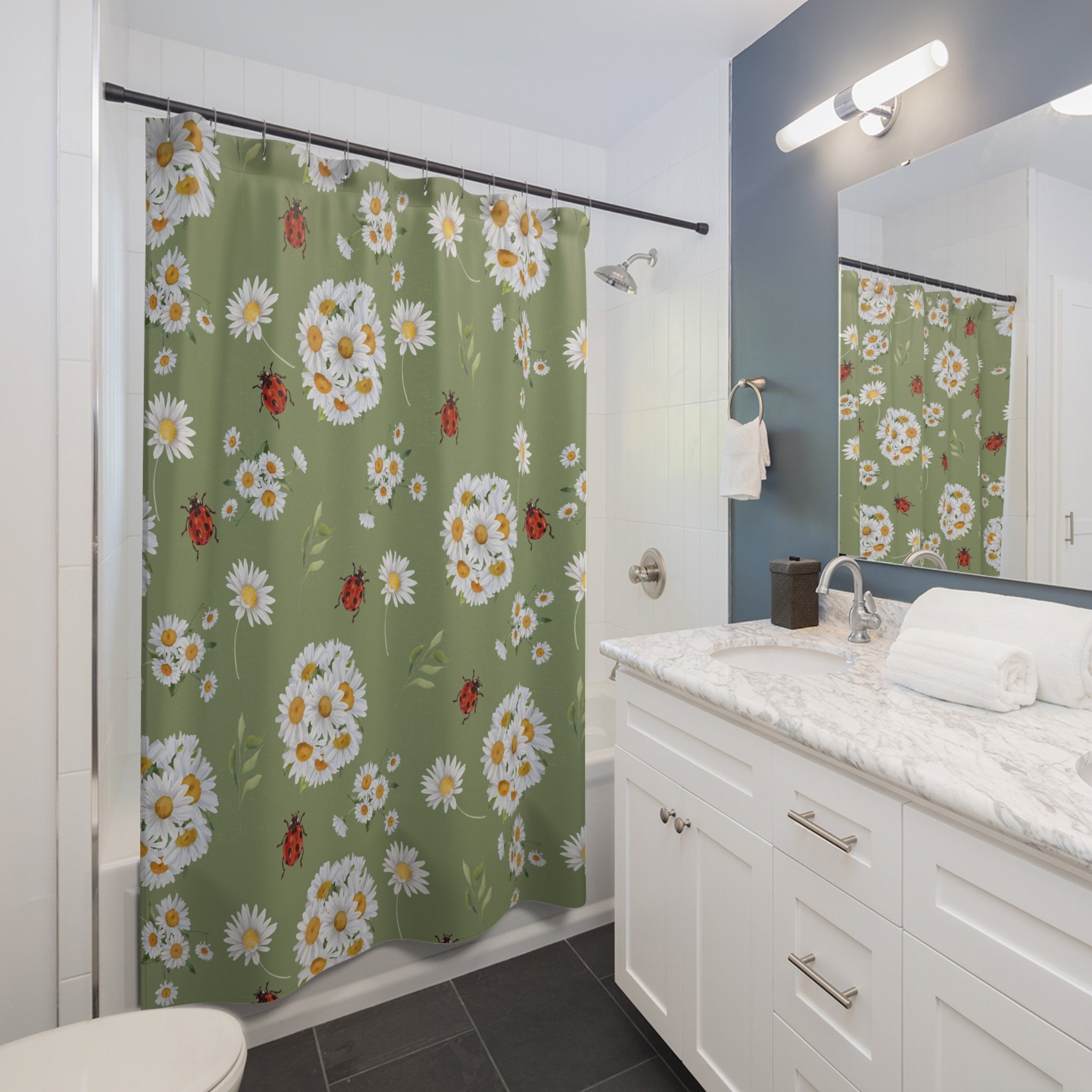 Daisy Ladybug Shower Curtain, Nature Lover Bathroom Decor, Housewarming ...