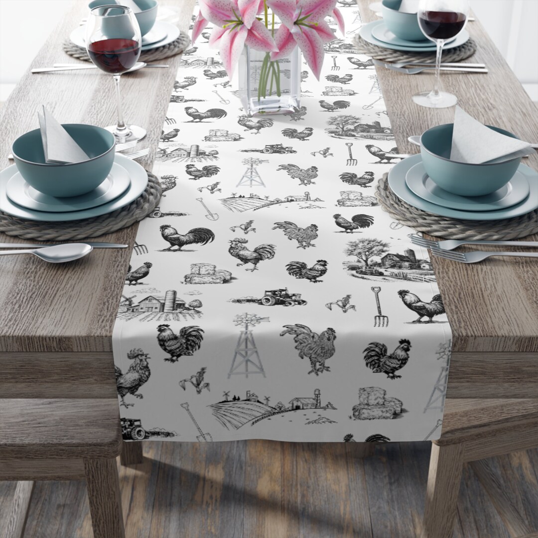 Vintage Rooster Table Runner, Farmhouse Style Table Linen, Kitchen ...