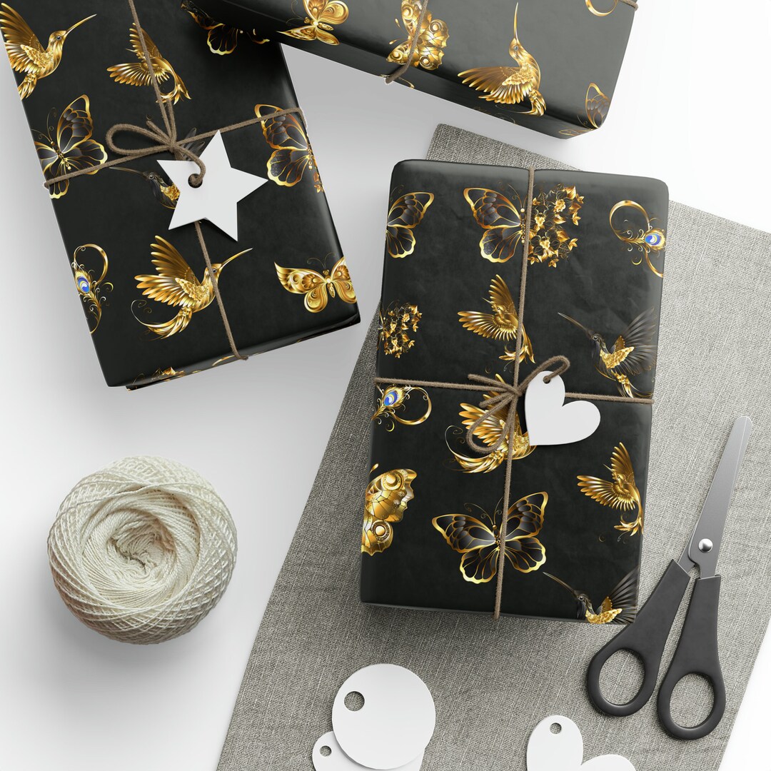 Butterfly Wrapping Paper, Gold and Black Wrapping Paper, Anniversary ...