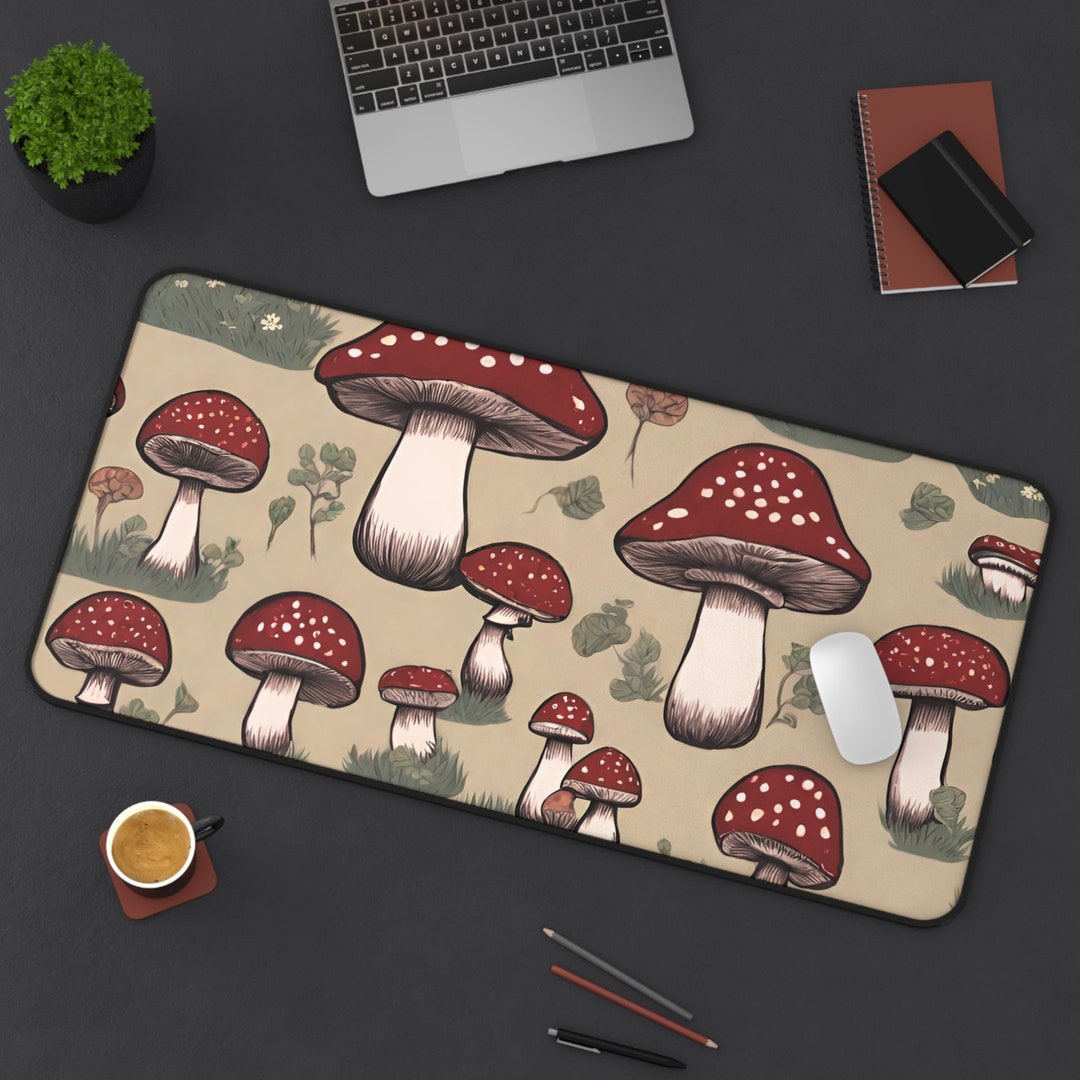 Mushroom Cottagecore Desk Mat, Mushroom Motif Desk Mat, Beige Desk Mat ...