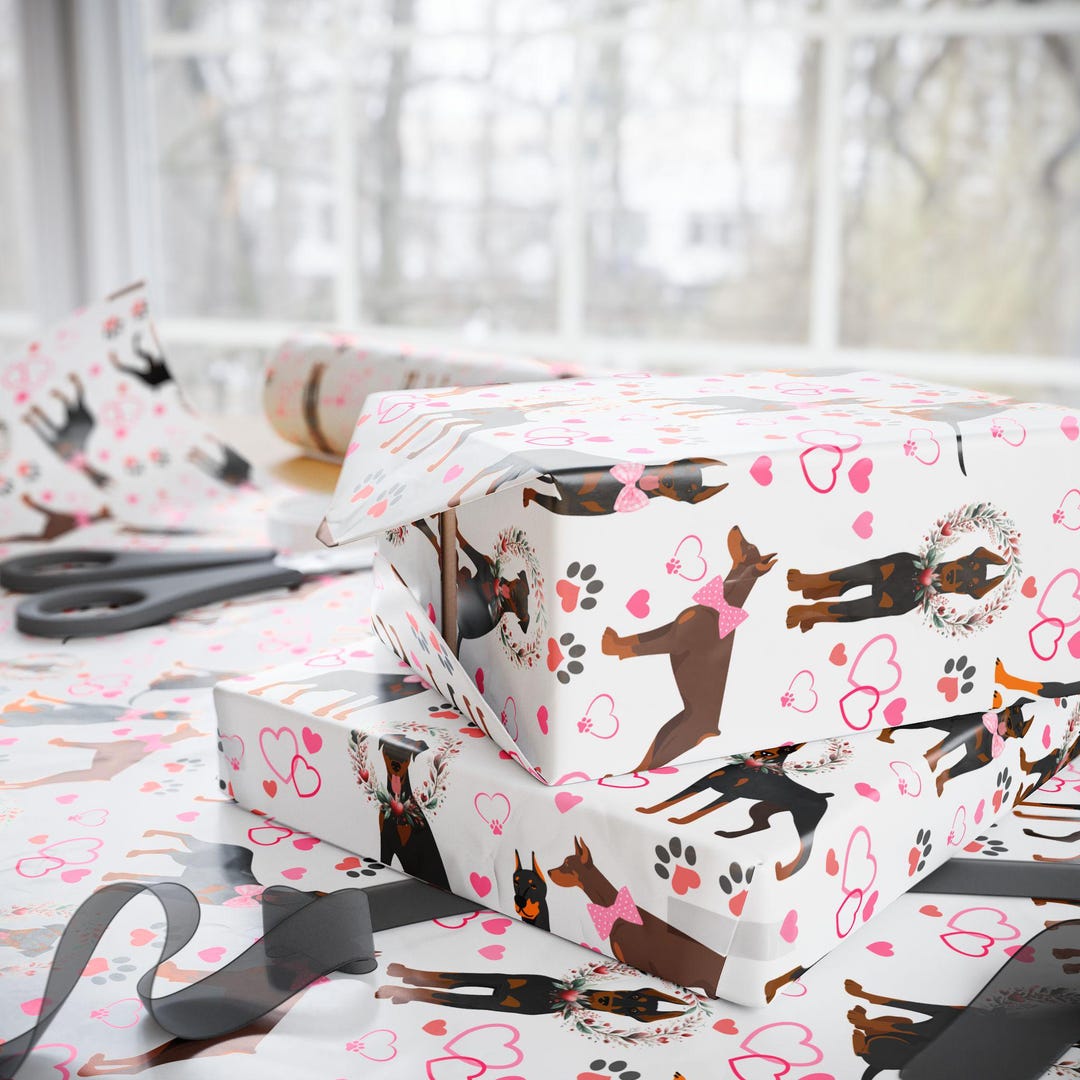 Doberman Hearts Wrapping Paper, Dobie Lover Valentines Gift Wrap Roll, Party Supplies, Dog Lover ...