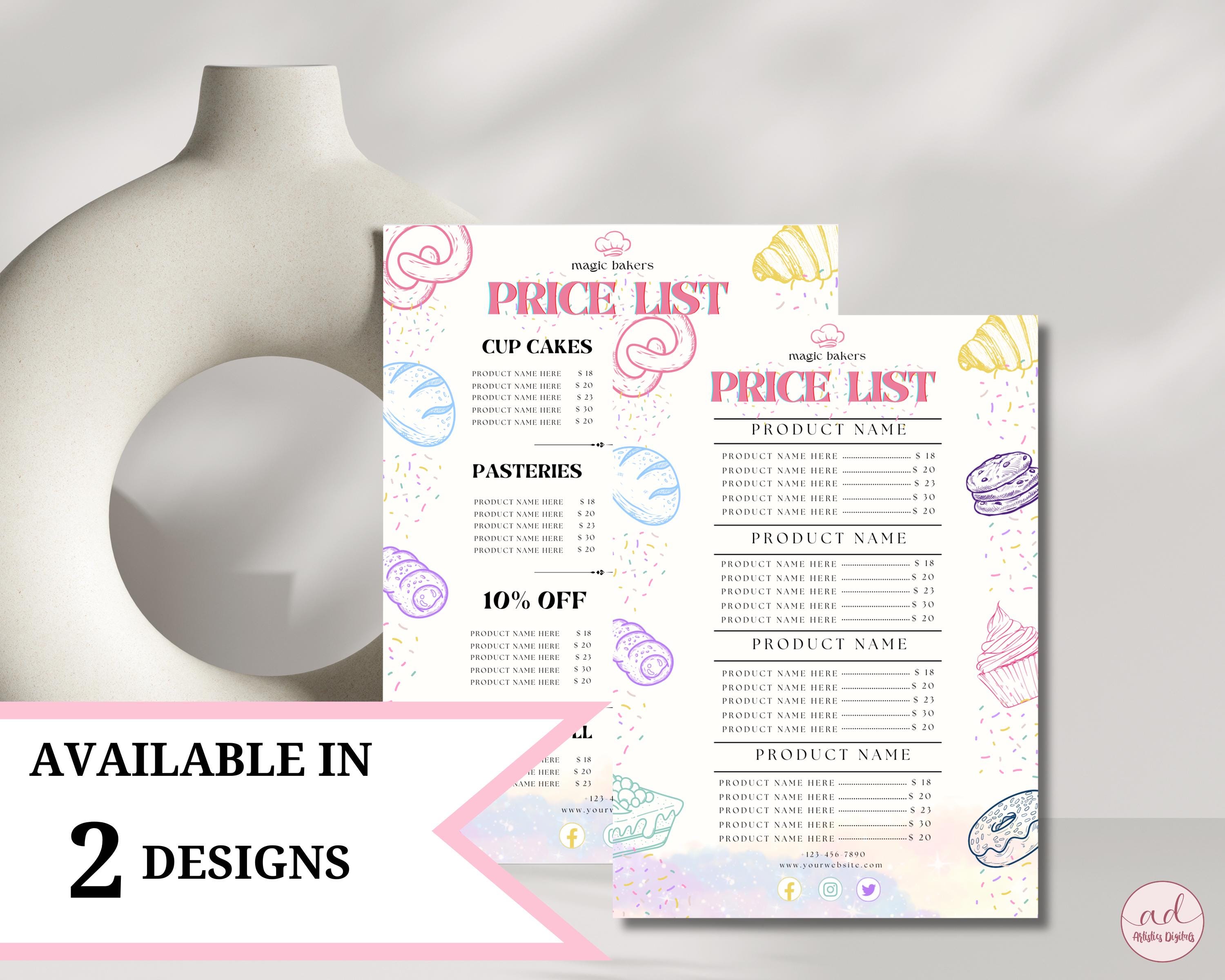 Editable Cake Price List Template, Small Business Menu Card, Price List ...