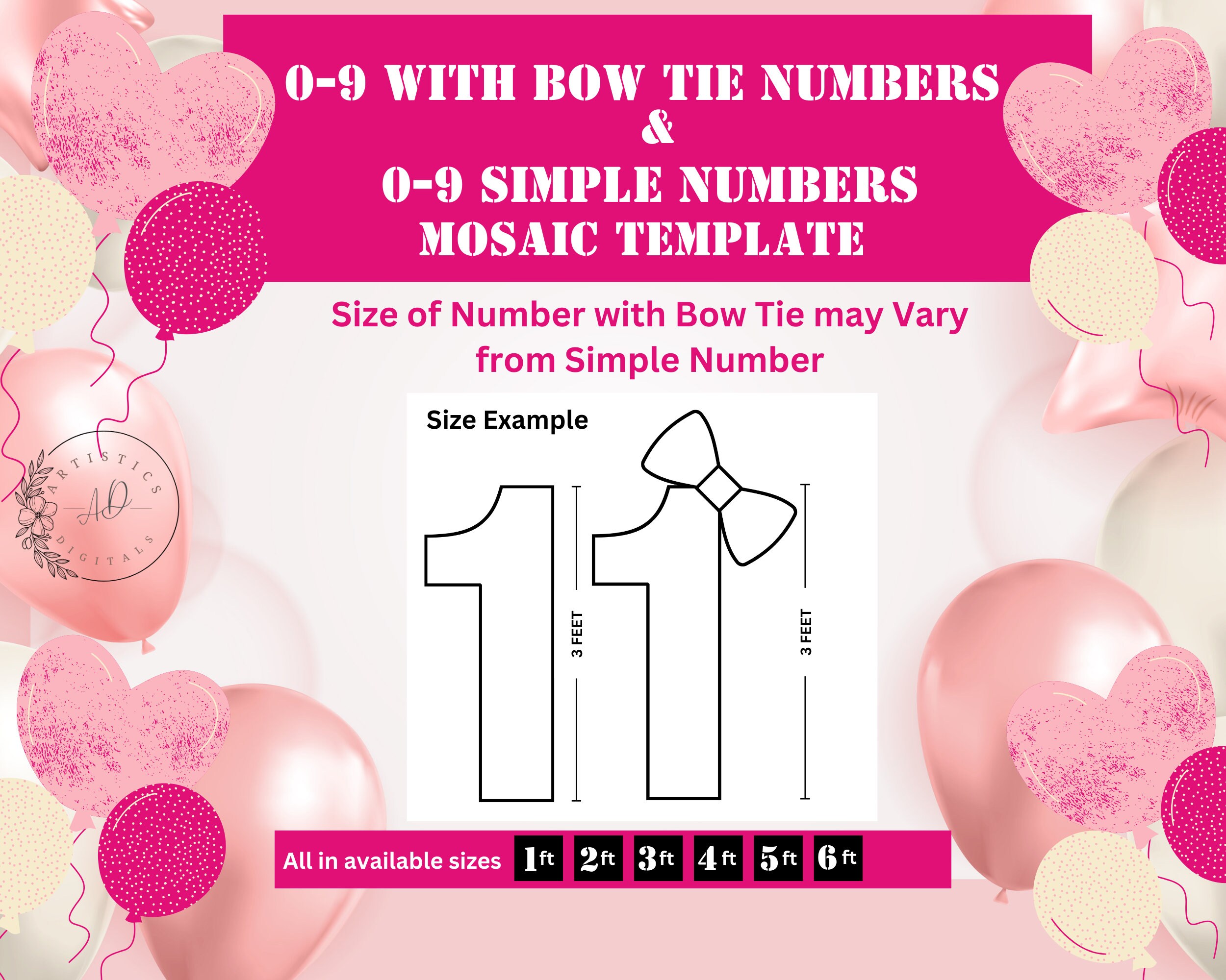 0-9 All Numbers Mosaic Template With Bow Tie, Marquee Numbers Template ...