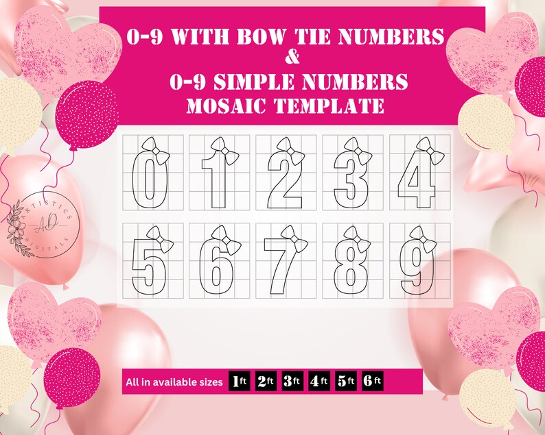 0-9 All Numbers Mosaic Template With Bow Tie, Marquee Numbers Template ...