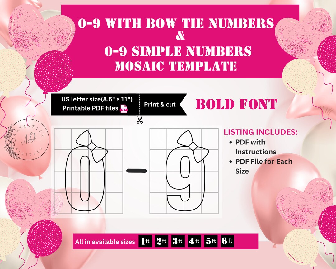 0-9 All Numbers Mosaic Template With Bow Tie, Marquee Numbers Template ...