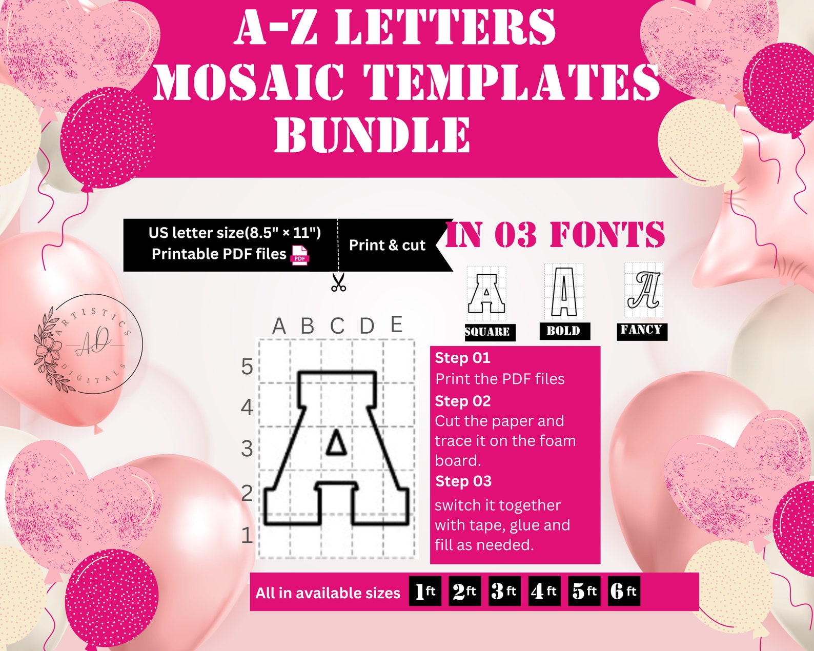 All Letters Mosaic Templates, Mosaic Alphabet, Balloon Letters, Giant ...