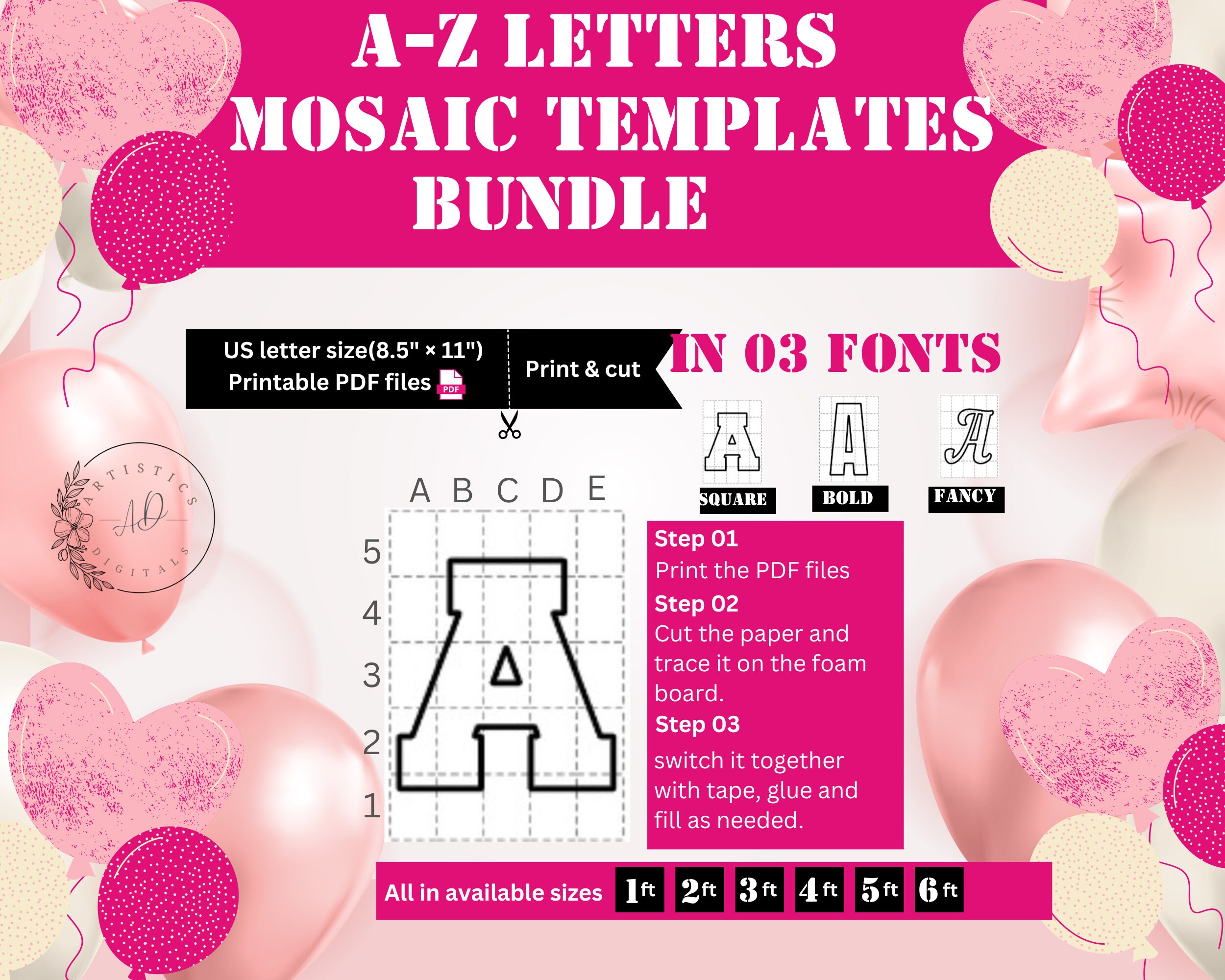 All Letters Mosaic Templates, Mosaic Alphabet, Balloon Letters, Giant ...