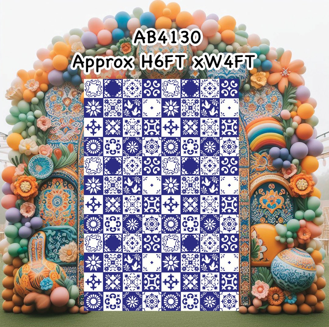 AB4130(SB) 6FT Tall Talavera Blue White Mexican Tile Pattern Backdrop ...
