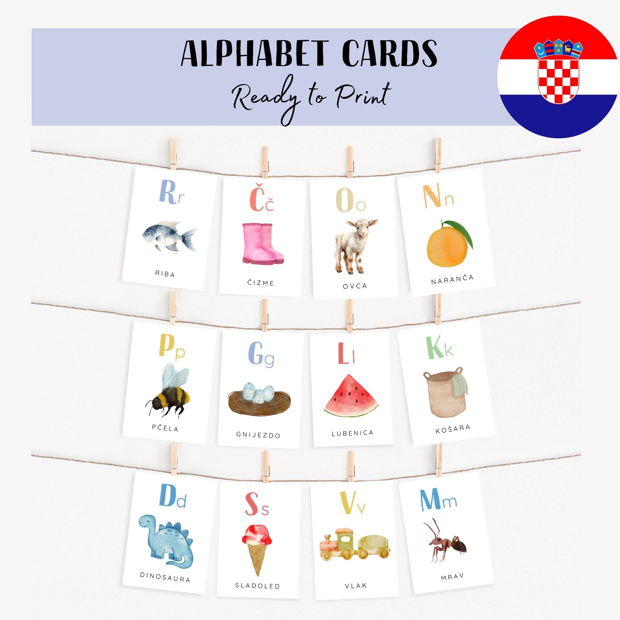 Croatian Alphabet Flashcards Language Montessori Preschool Educational ...