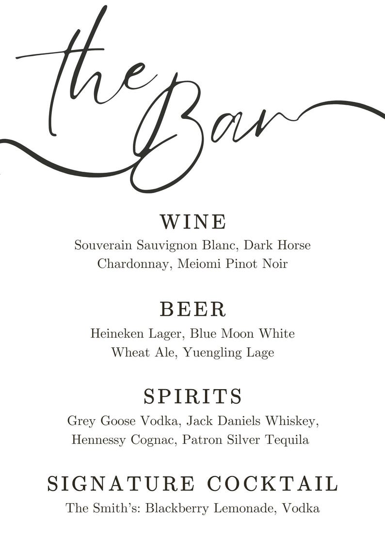 Bar Menu Sign Template, Wedding Bar Sign Printable, Bar Menu Wedding ...