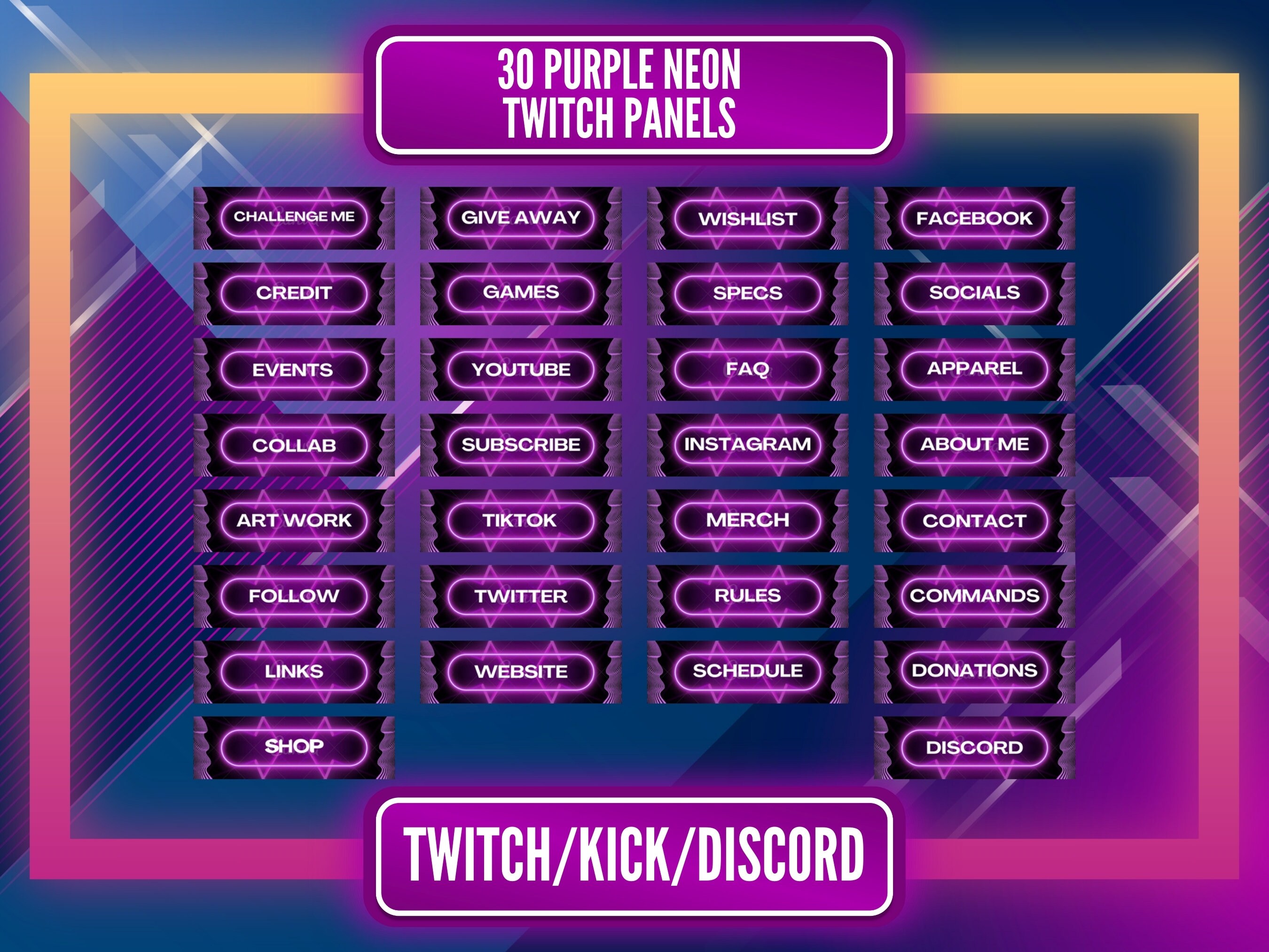 Aniimated Purple Neon Stream Overlay Package Twitch Stream Screens Neon ...