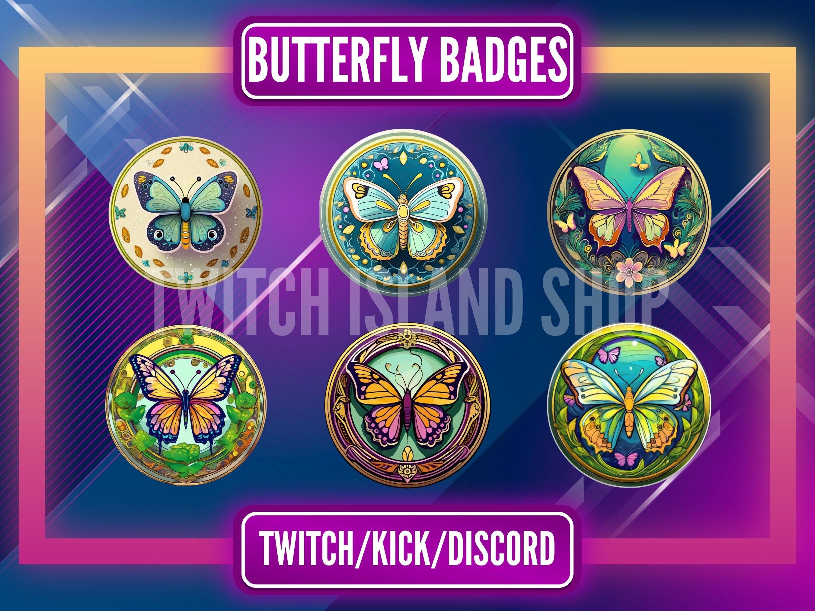 Twitch Subscription Badges Set Featuring Butterfly, Rainbow, Bit Badges, Bugs, Kawaii, and ...