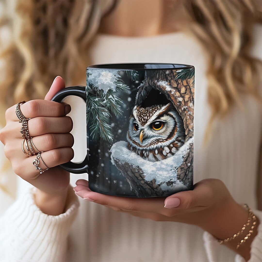 Baby Owl Winter Scene Coffee Cup, Snowflake Tea Mug, Cozy Christmas ...