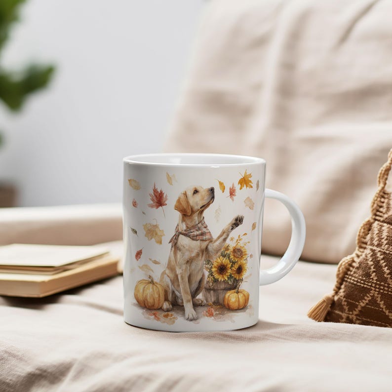 Labrador Ceramic Mug, Yellow Labrador With Autumn Leaves and Pumpkins ...