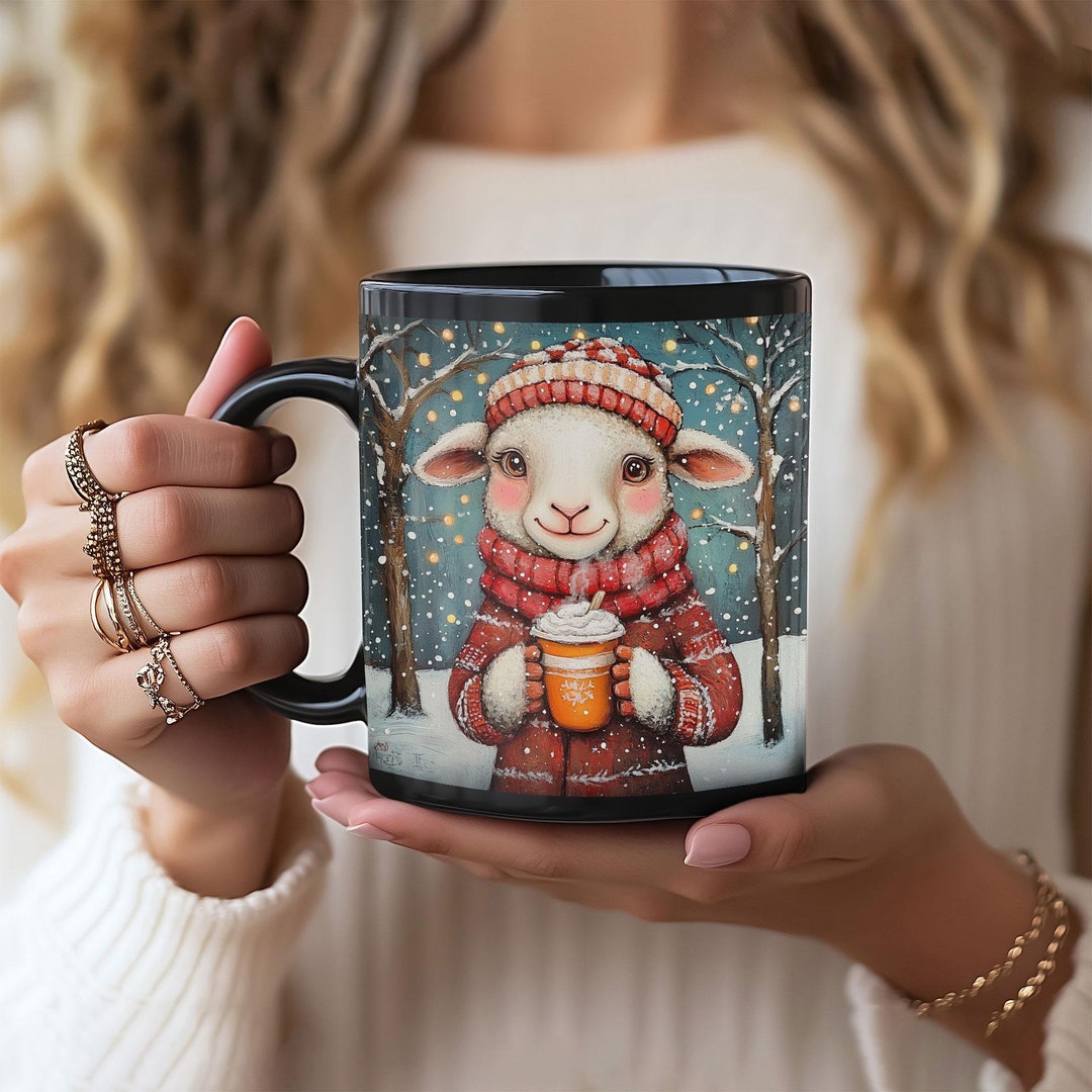 Coffee Lover Mug, Whimsical Sheep Cup, Christmas Scene Drinkware ...