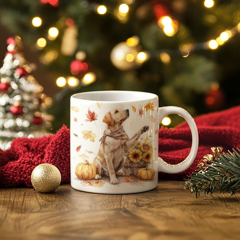 Labrador Ceramic Mug, Yellow Labrador With Autumn Leaves and Pumpkins ...