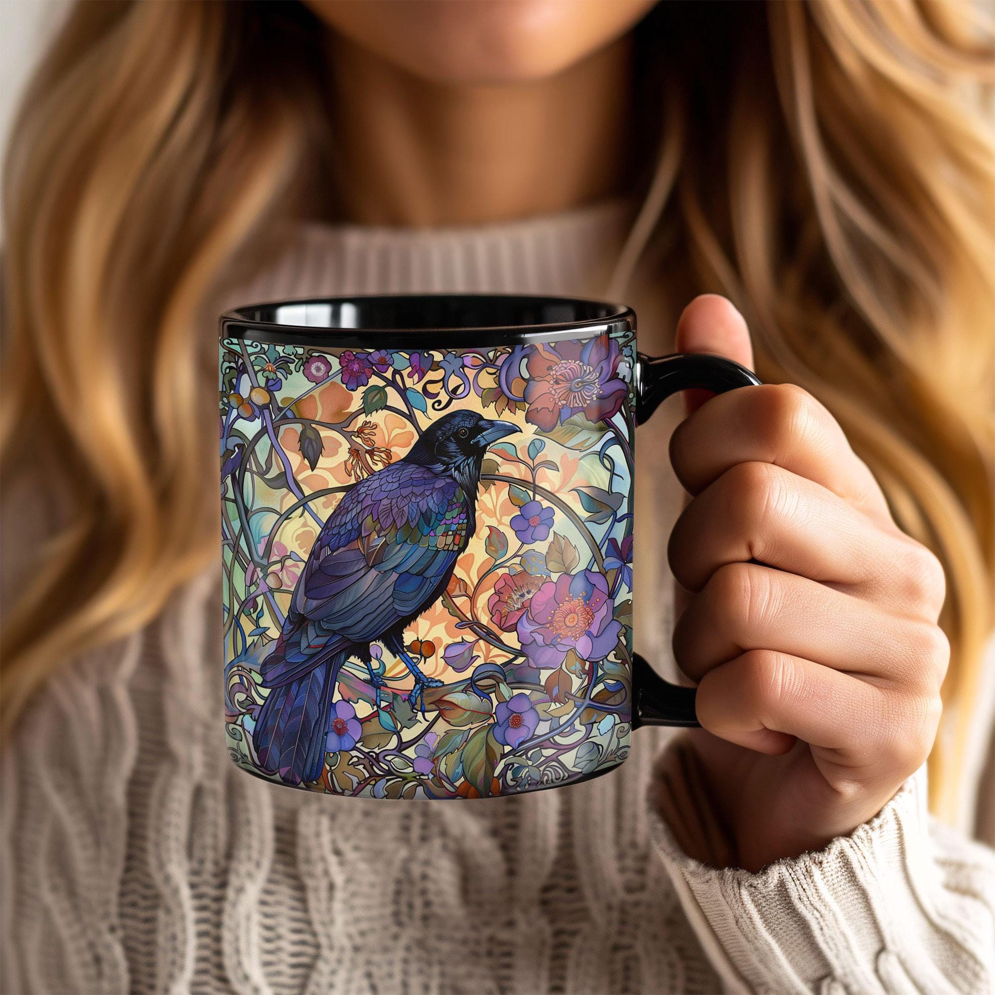 Art Nouveau Crow Inspired by William Morris, Raven Coffee Cup, Gothic ...
