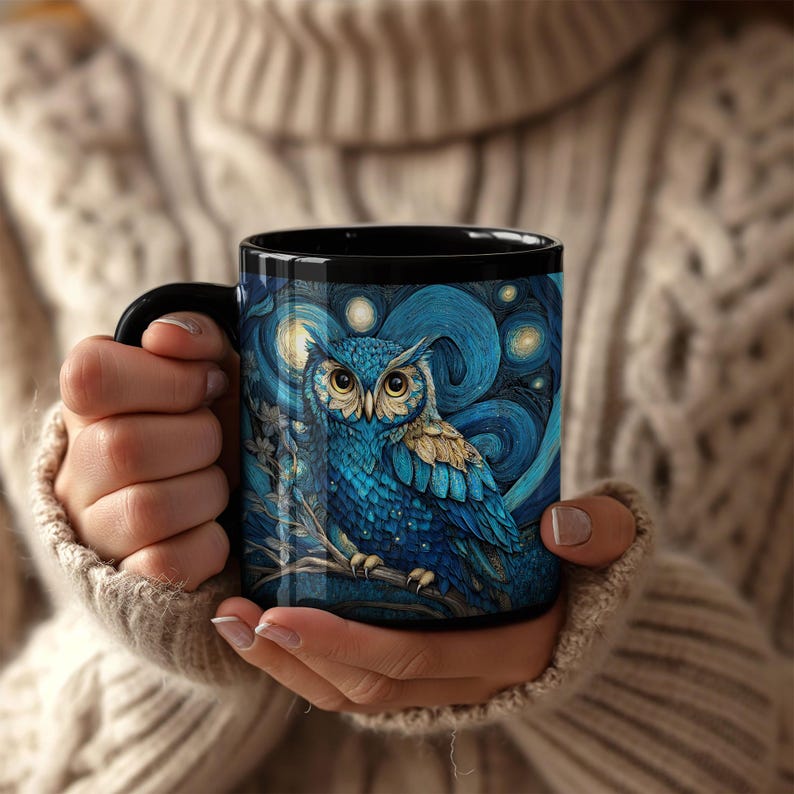 Starry Night Owl Mug | Black Ceramic Coffee Tea Cup, Morning Coffee Mug ...