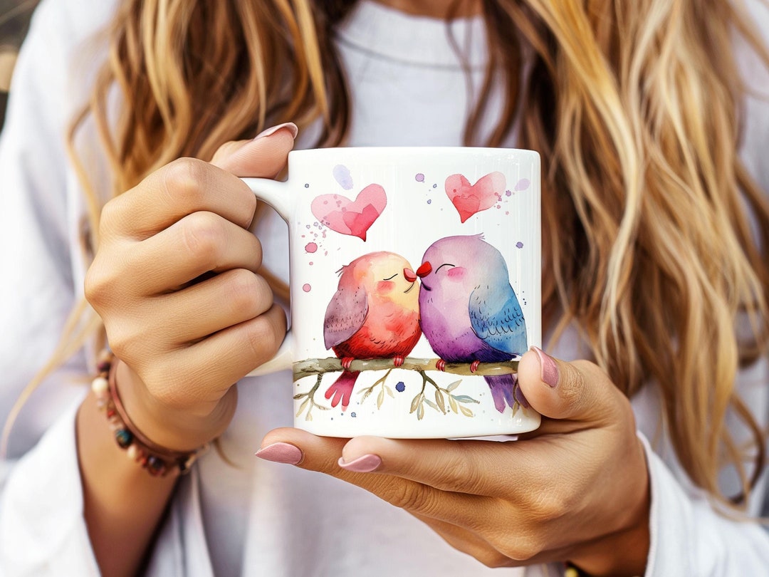 Adorable Love Birds Valentine's Day Mug, Cute Animal Hearts Coffee Cup ...