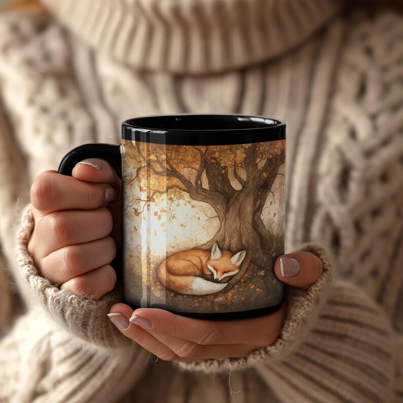Fox Resting Beneath Oak Tree, Fall Colors, Falling Leaves, Coffee Cup ...
