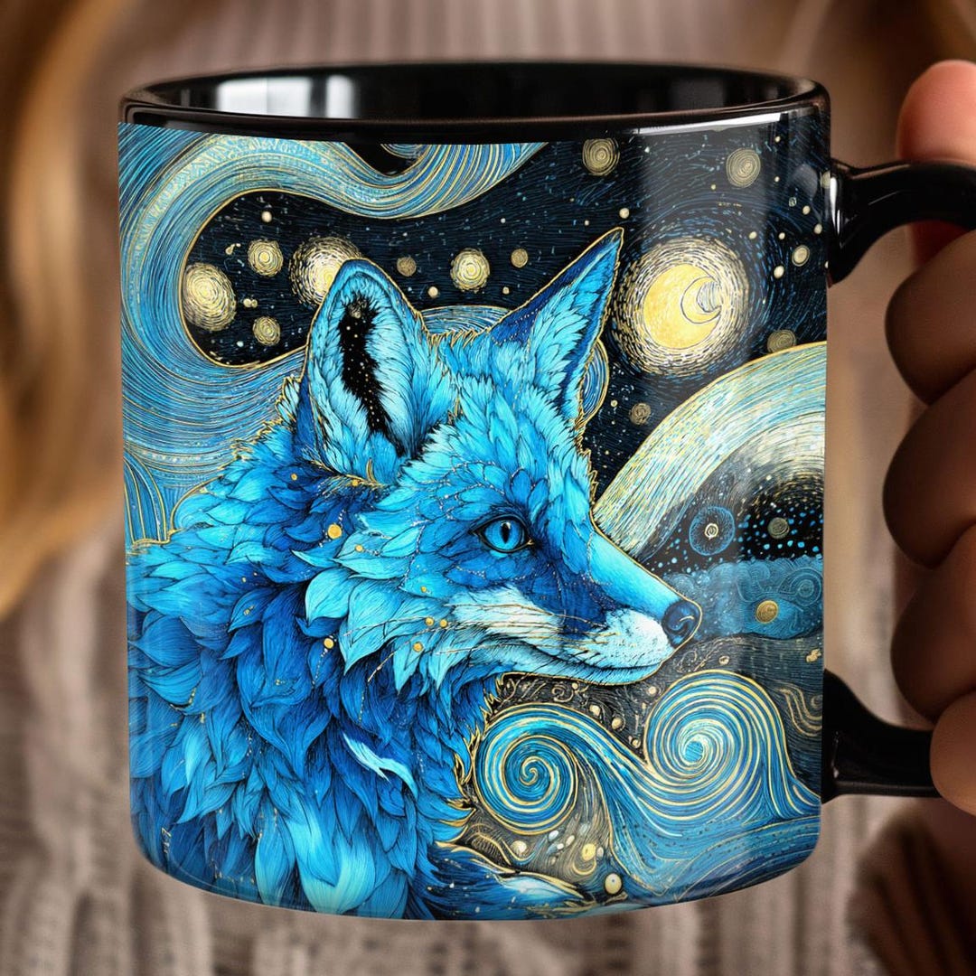 Starry Night Red Fox Mug | Black Ceramic 11oz 15oz - Etsy