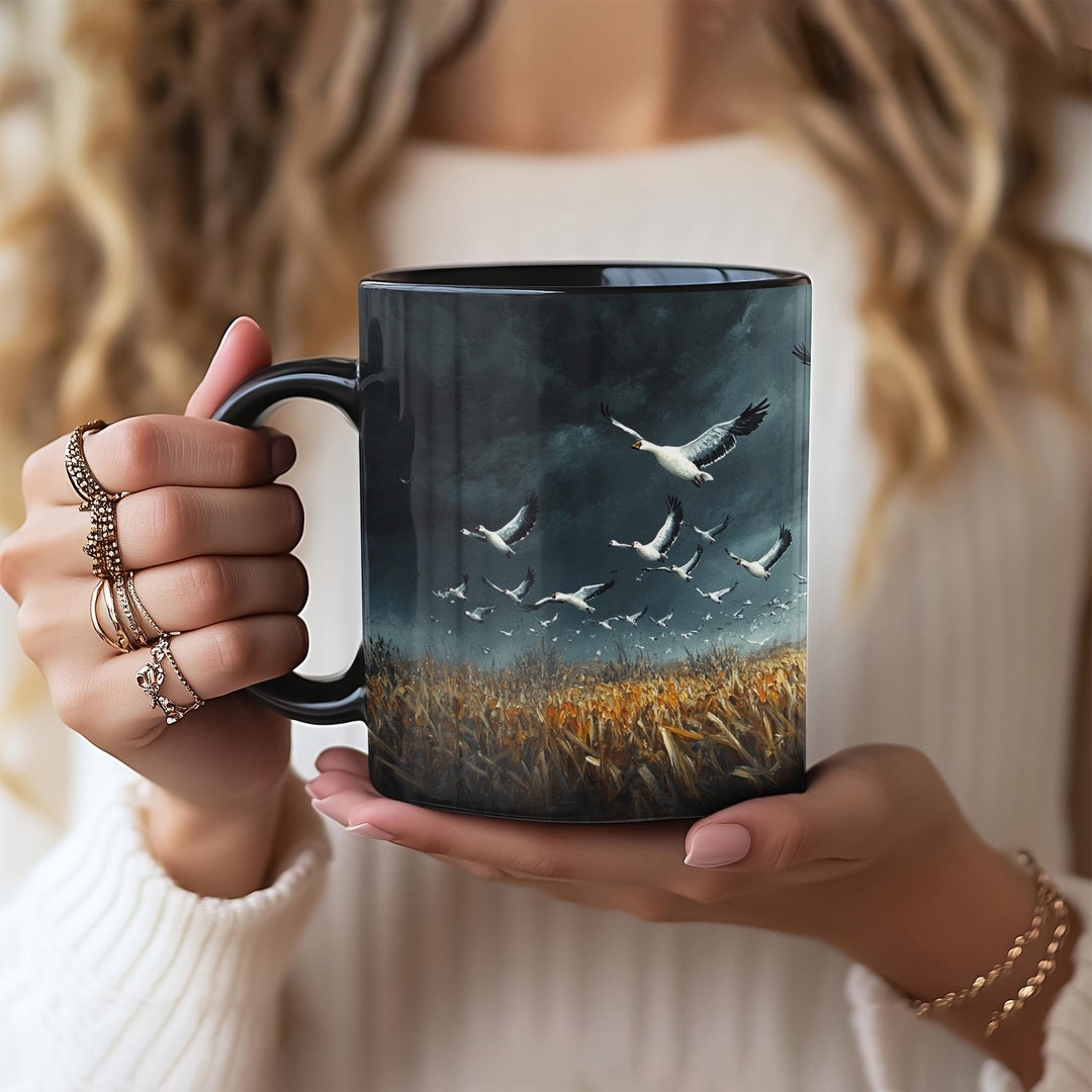 Snow Geese Flying Over Water in Maynard Reece Style, Coffee Mug, Unique ...
