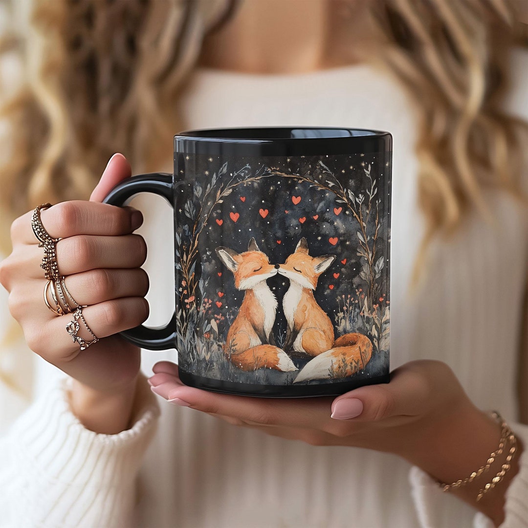 Cute Fox Couple in the Woods at Night, Red Hearts Dancing, Valentine's ...