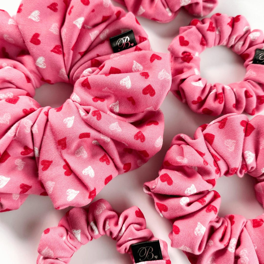 Soft Knit Scrunchie With Pink Heart Design Fluffy Hair Tie for Everyday ...