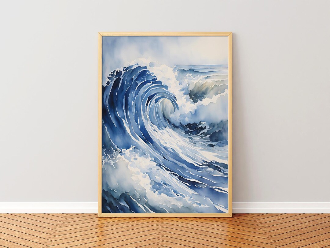 Ocean Wave Printable Wall Art, Blue Watercolor Sea Painting, Ocean Wave ...