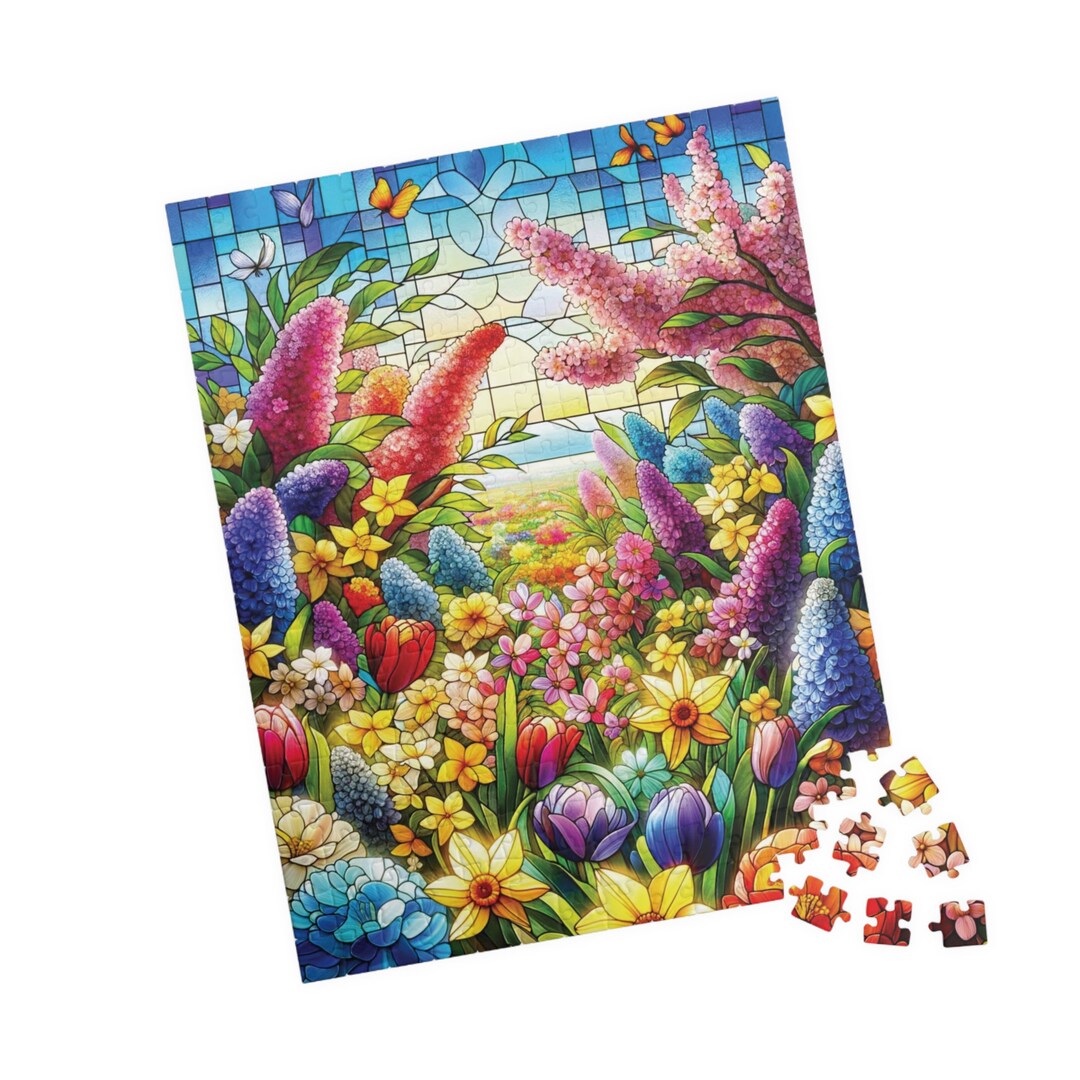 Blooming Garden Stained Glass Jigsaw Puzzle Lush Floral Mosaic 250, 500 ...