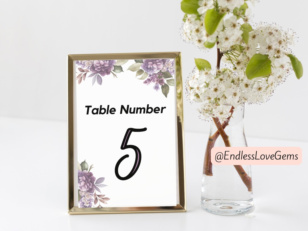 Violet Table Number Template, Wedding Floral Seating Numbers, Purple ...