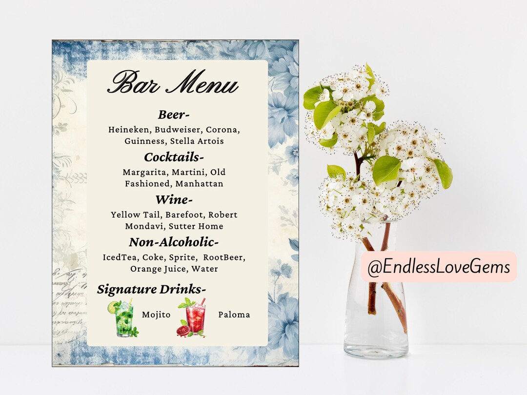 Dusty Blue Bar Menu, Wedding Drinks Menu, Wedding Bar Sign, Floral Blue ...