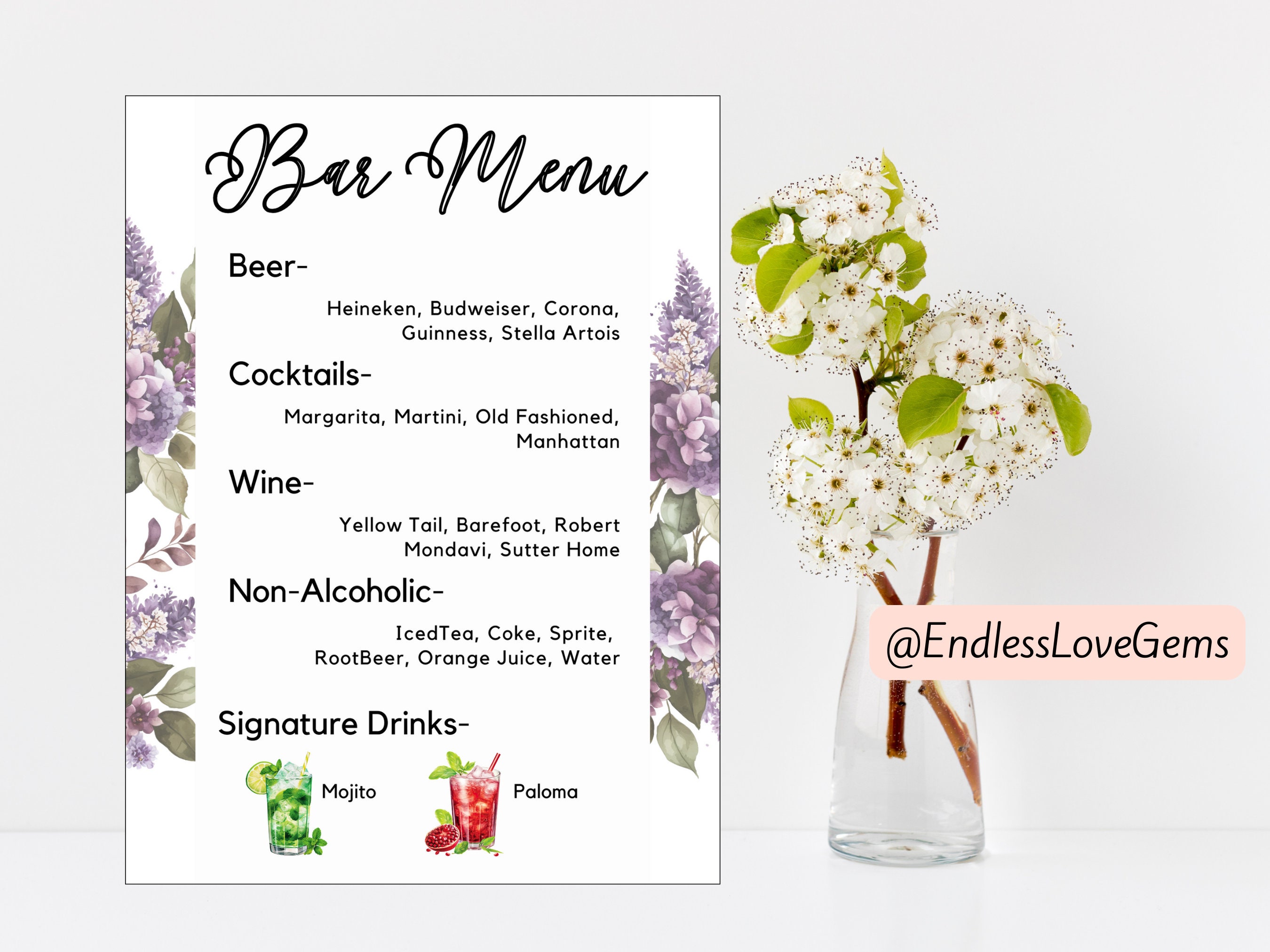 Editable Bar Menu Template, Wedding Bar Menu, Lilac Bar Sign, Purple ...