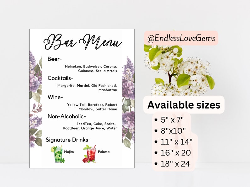 Editable Bar Menu Template, Wedding Bar Menu, Lilac Bar Sign, Purple ...