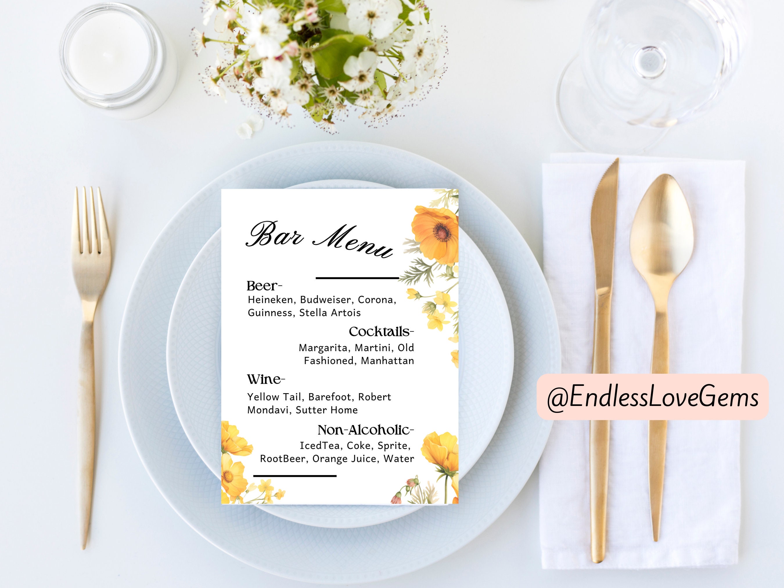 Sunflower Bar Menu, Daisy Bar Menu Template, Yellow Drinks Menu ...