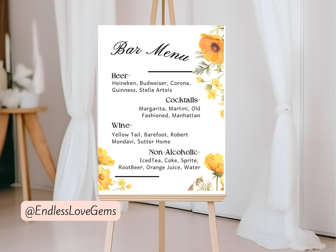 Sunflower Bar Menu, Daisy Bar Menu Template, Yellow Drinks Menu ...